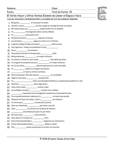 Verb Hacer Spanish Fill In The Blanks Exam | Teaching Resources