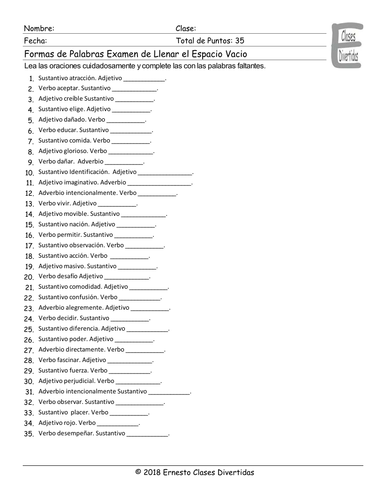 Word Forms Spanish Fill In The Blanks Exam | Teaching Resources
