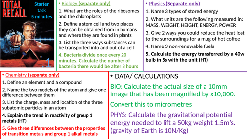 Total recall starter tasks for all students covering Biology, Chemistry ...