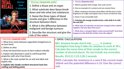 Total recall starter tasks for all students covering Biology, Chemistry ...