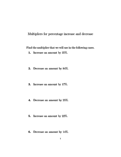 Multipliers for percentage increase and decrease worksheet (with ...