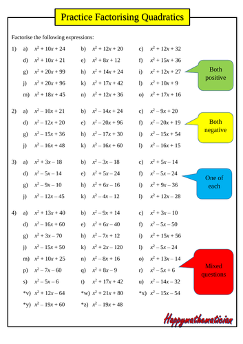 Factorising Quadratics - Over 180 Questions with Answers | Teaching ...