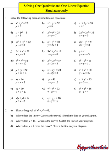 Solving a Linear and a Quadratic Equation Simultaneously + Answers ...
