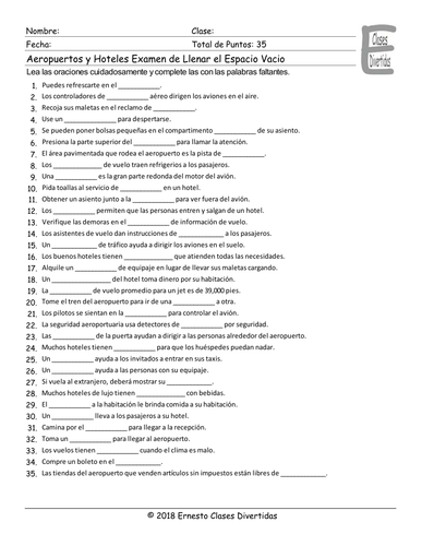 Airports and Hotels Spanish Fill In The Blanks Exam | Teaching Resources