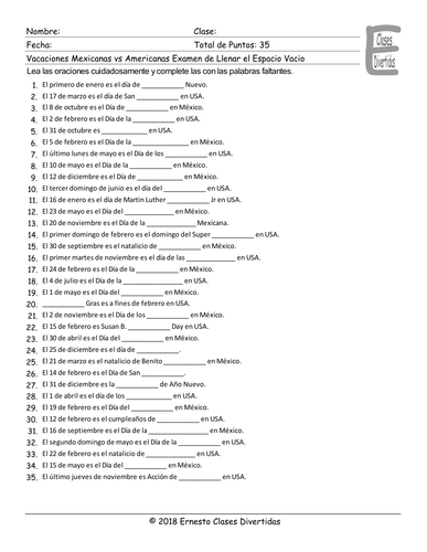 American versus Mexican Holidays Spanish Fill In The Blanks Exam ...