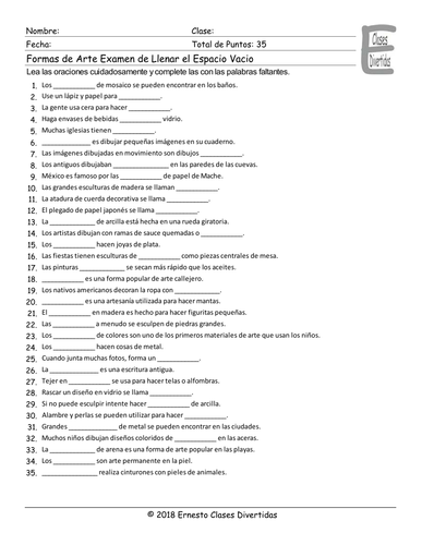 Art Forms Spanish Fill In The Blanks Exam | Teaching Resources