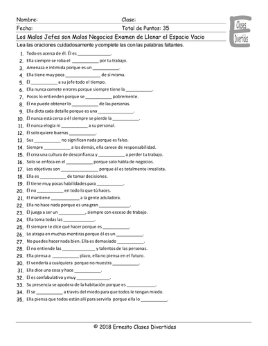 Bad Bosses are Bad Business Spanish Fill In The Blanks Exam | Teaching ...