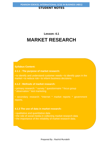 EDEXCEL INTERNATIONAL GCSE IN BUSINESS Student Notes: Topic: Market ...