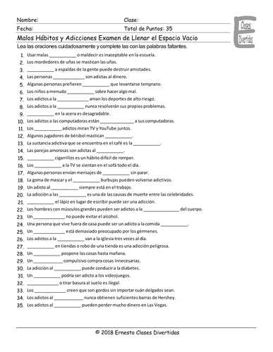 Bad Habits and Addictions Spanish Fill In The Blanks Exam | Teaching ...