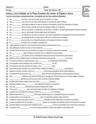 Beach Things and Activities Lists Spanish Fill In The Blanks Exam ...
