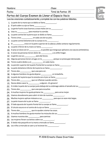 Body Parts Spanish Fill In The Blanks Exam | Teaching Resources