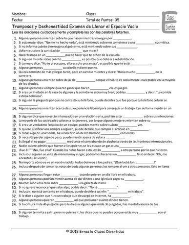 Cheaters and Dishonesty Spanish Fill In The Blanks Exam | Teaching ...