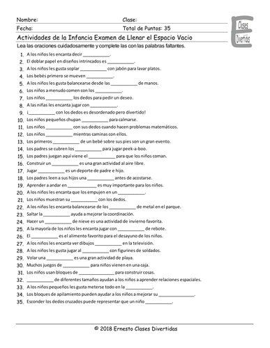 Childhood Activities Spanish Fill In The Blanks Exam | Teaching Resources