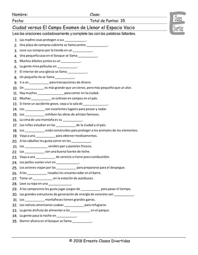 City versus Country Spanish Fill In The Blanks Exam | Teaching Resources