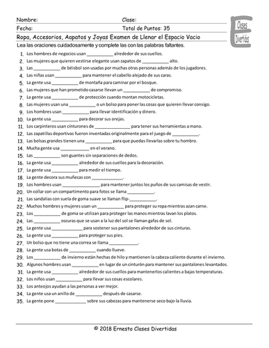 Clothing Accessories, Footwear, and Jewelry Spanish Fill In The Blanks ...
