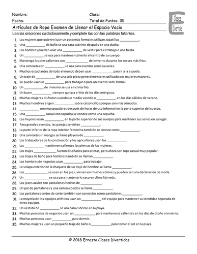 Clothing Items Spanish Fill In The Blanks Exam | Teaching Resources