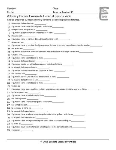 Colors and Shapes Spanish Fill In The Blanks Exam | Teaching Resources