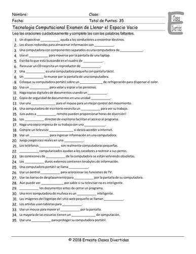 Computer Technology Spanish Fill In The Blanks Exam | Teaching Resources