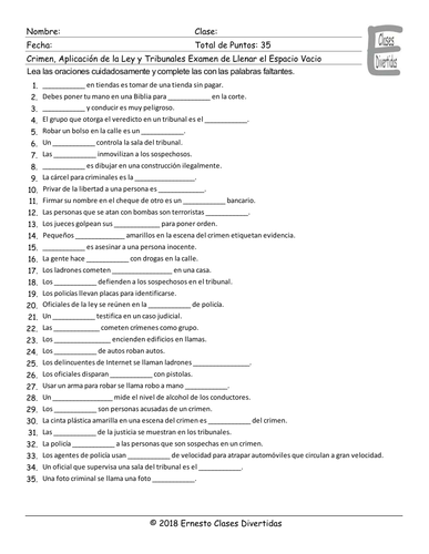 Crime, Law Enforcement, and Courts Spanish Fill In The Blanks Exam ...