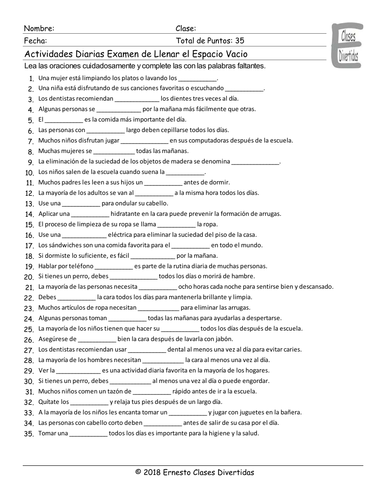 Daily Activities Spanish Fill In The Blanks Exam | Teaching Resources