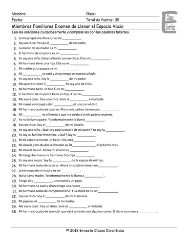 Family Members Spanish Fill In The Blanks Exam | Teaching Resources