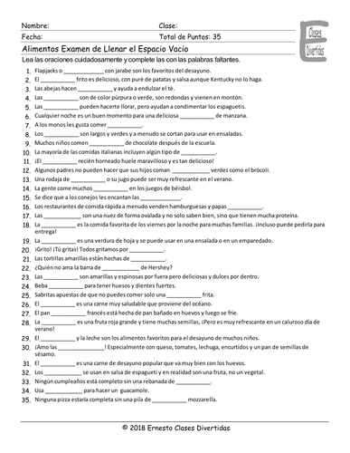 Food Items Spanish Fill In The Blanks Exam | Teaching Resources