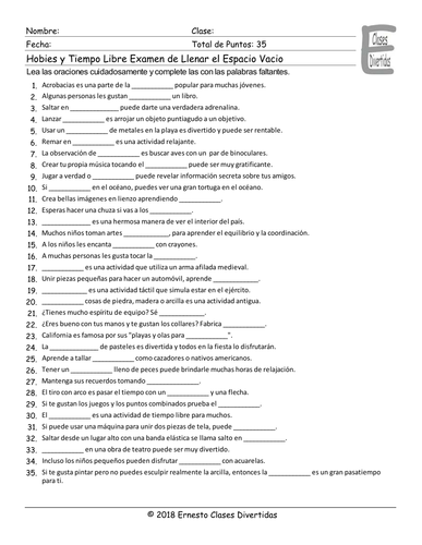 Free Time and Hobbies Spanish Fill In The Blanks Exam | Teaching Resources