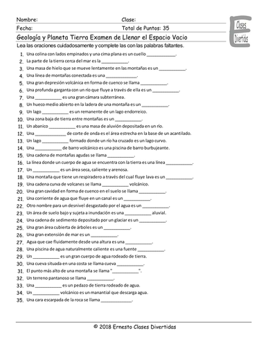 Geology and Planet Earth Spanish Fill In The Blanks Exam | Teaching ...
