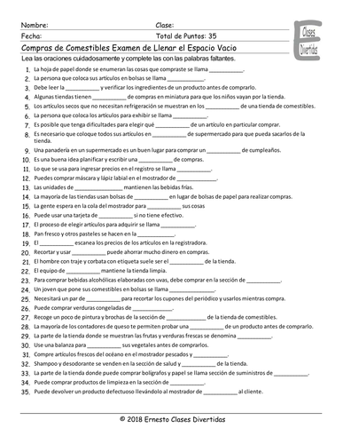 Grocery Shopping Spanish Fill In The Blanks Exam | Teaching Resources