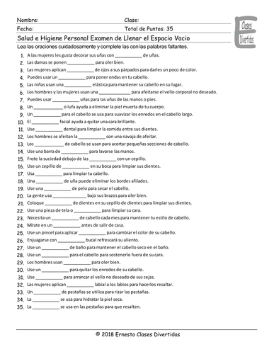 Health and Personal Hygiene Spanish Fill In The Blanks Exam | Teaching ...