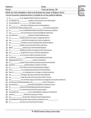 Healthy Lifestyle and Nutrition Spanish Fill In The Blanks Exam ...