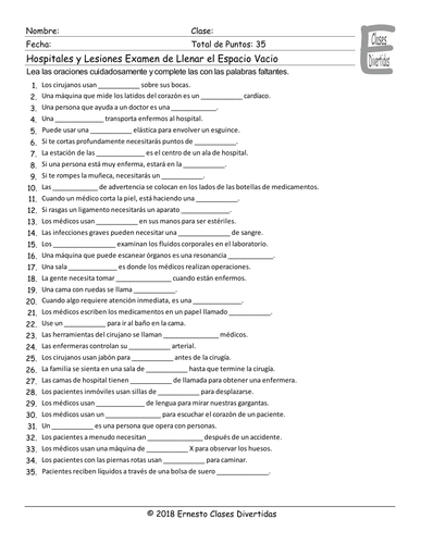 Hospitials and Injuries Spanish Fill In The Blanks Exam | Teaching ...