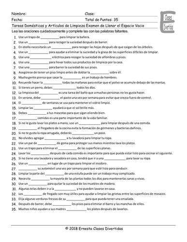 Household Chores and Cleaning Supplies Spanish Fill In The Blanks Exam ...