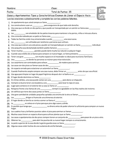 Houses and Apartments Spanish Fill In The Blanks Exam | Teaching Resources