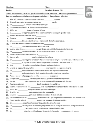 Houses, Rooms, Furniture, and Appliances Spanish Fill In The Blanks ...