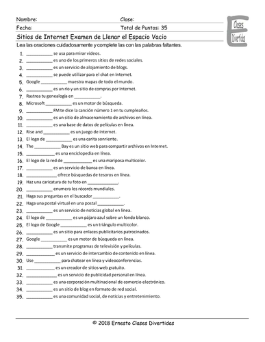 Internet Sites Spanish Fill In The Blanks Exam | Teaching Resources