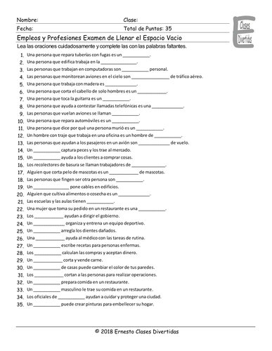 Jobs and Professions Spanish Fill In The Blanks Exam | Teaching Resources