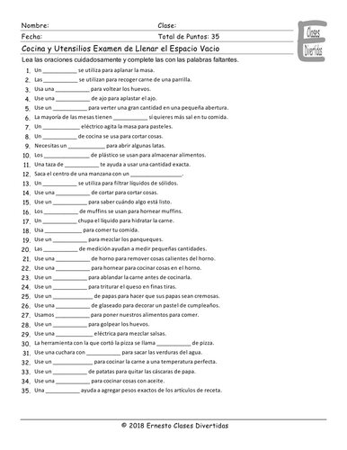 Kitchen, Cookware and Utensils Spanish Fill In The Blanks Exam ...