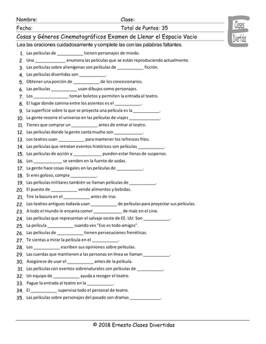 Movie Things and Genres Spanish Fill In The Blanks Exam | Teaching ...