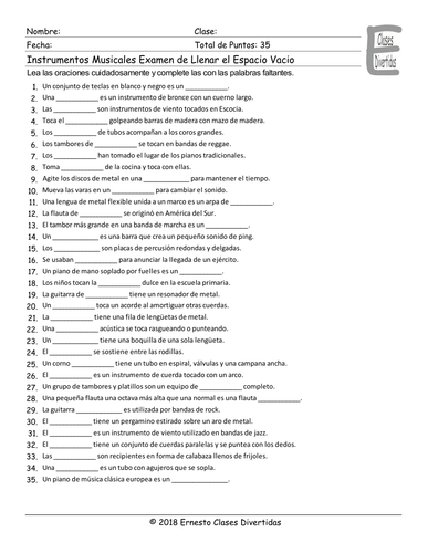 Musical Instruments Spanish Fill In The Blanks Exam | Teaching Resources