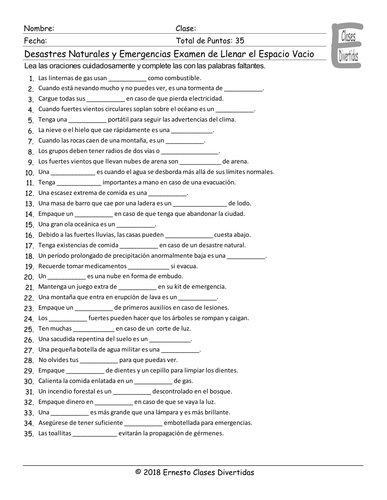 Natural Disasters and Emergencies Spanish Fill In The Blanks Exam ...