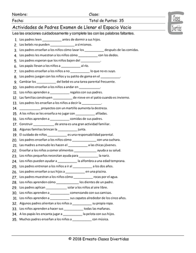 Parenting Activities Spanish Fill In The Blanks Exam | Teaching Resources