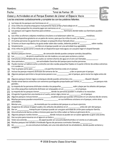 Park Things and Activities Spanish Fill In The Blanks Exam | Teaching ...