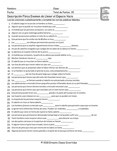 People Descriptions Spanish Fill In The Blanks Exam | Teaching Resources