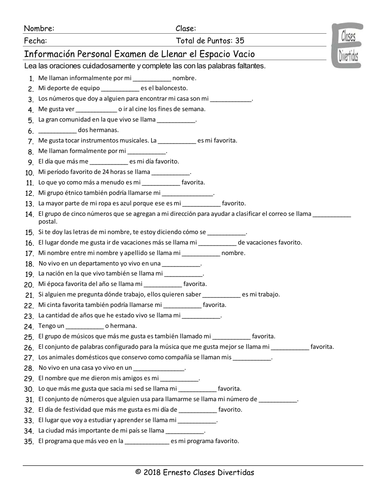Personal Information Spanish Fill In The Blanks Exam | Teaching Resources