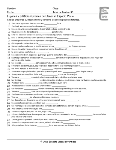 Places and Buildings Spanish Fill In The Blanks Exam | Teaching Resources