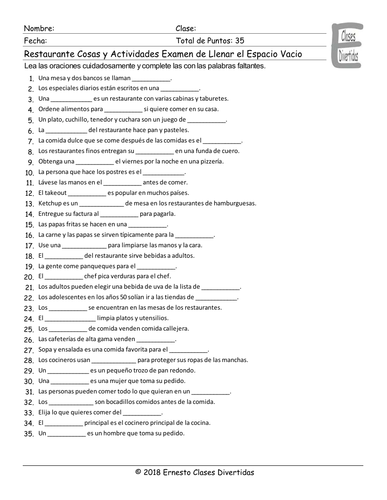 Restaurant Things and Activities Spanish Fill In The Blanks Exam ...