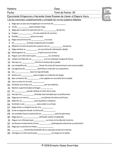 Running Errands and Having Things Done Spanish Fill In The Blanks Exam ...