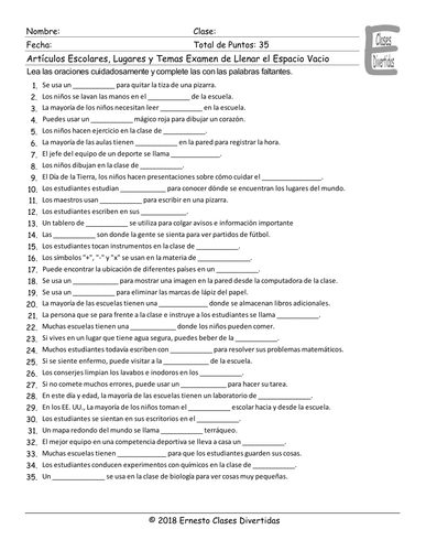 School Items, Places, and Subjects Spanish Fill In The Blanks Exam ...
