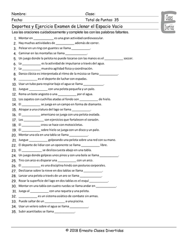 Sports and Exercise Spanish Fill In The Blanks Exam | Teaching Resources